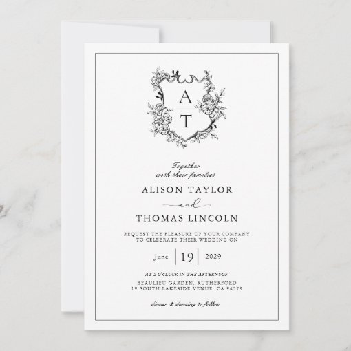 Formal Floral Crest Monogram Wedding Invitation | Zazzle