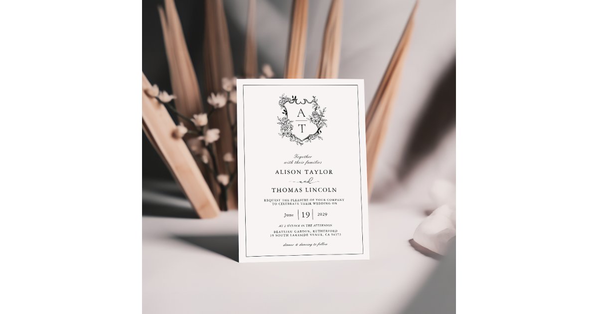 Formal Floral Crest Monogram Wedding Invitation | Zazzle