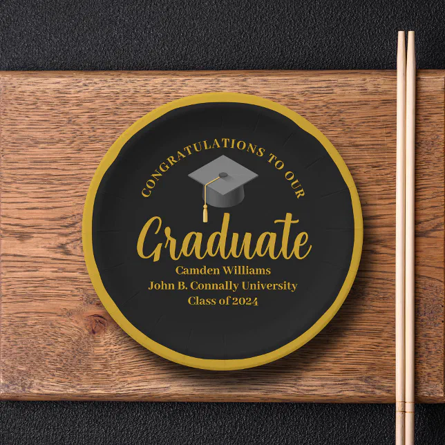 Formal Gold Black Graduation Personalized Party Paper Plates | Zazzle