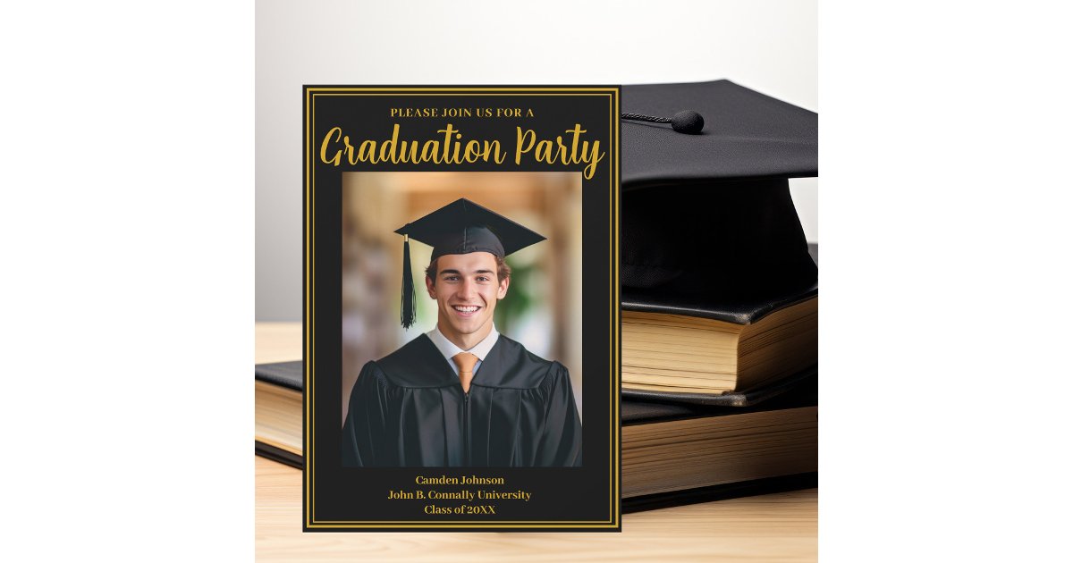 Formal Gold Black Graduation Photo Party Invitation | Zazzle
