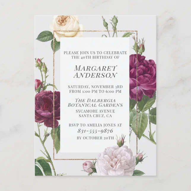 Formal Gold Border Painted Roses Birthday Party Invitation Postcard ...