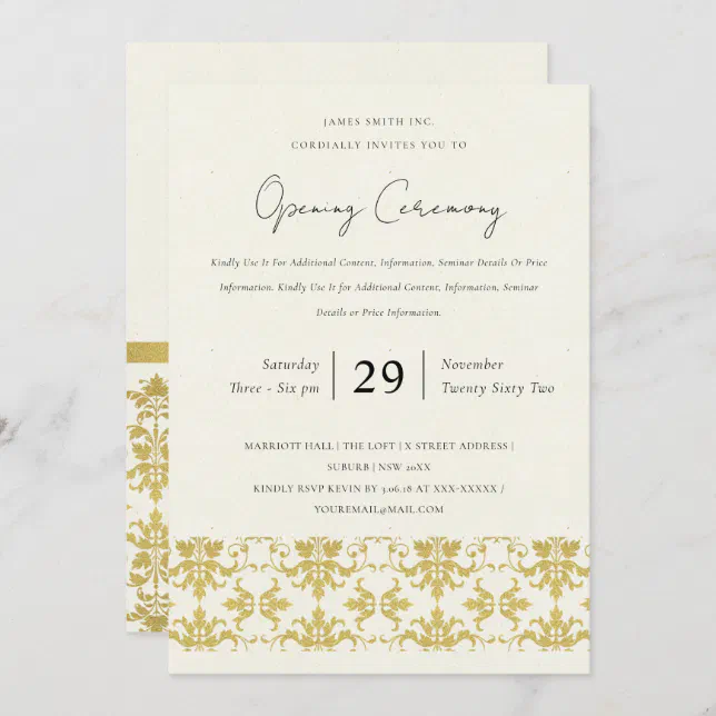 FORMAL GOLD DAMASK GRAND OPENING CEREMONY INVITATION | Zazzle