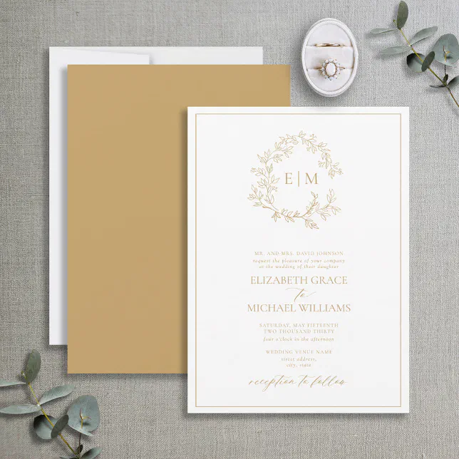 Formal Gold Leafy Crest Monogram Wedding Invitation | Zazzle
