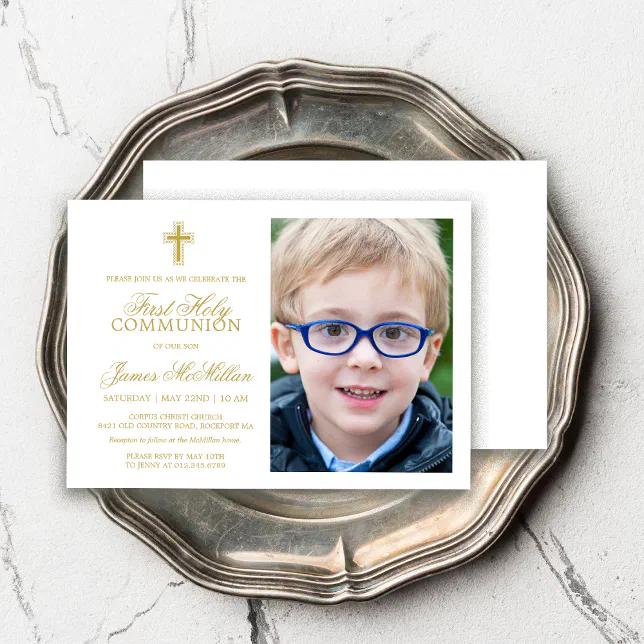 Formal Gold White First Communion Photo Boy Invitation | Zazzle