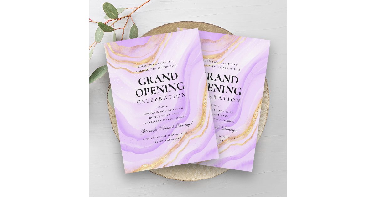 Formal Grand Opening Purple Gold Marble Glitter Invitation | Zazzle