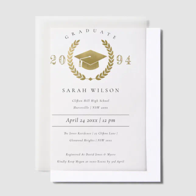Formal Laurel Wreath Gold Graduation Cap Party Vellum Invitations | Zazzle