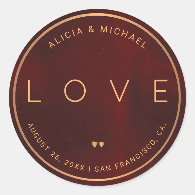 Formal luxury burgundy copper gold wedding love classic round sticker ...