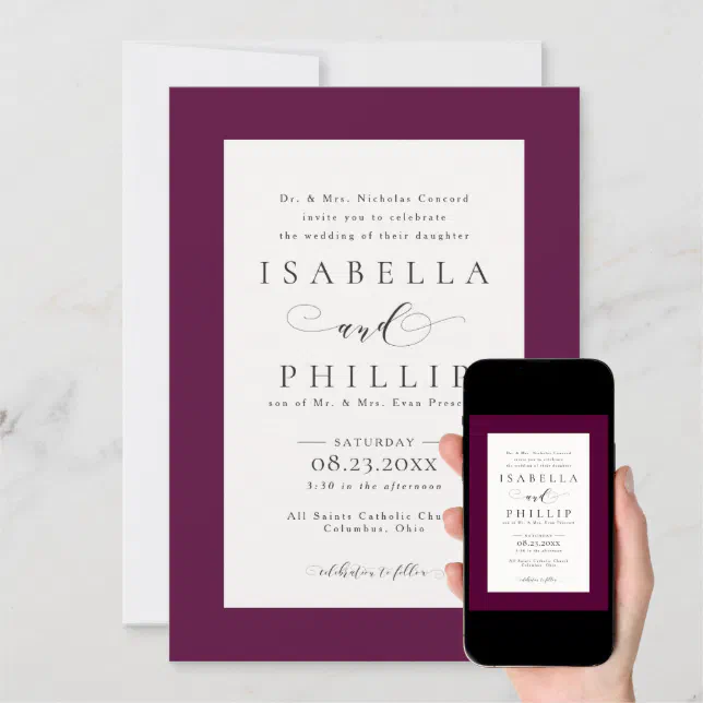 Formal maroon burgundy wedding invitation | Zazzle
