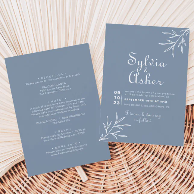 Formal Minimal Dusty Blue Front and Back Wedding Invitation | Zazzle