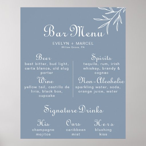 Formal Minimal Dusty Blue Wedding Bar Menu Poster | Zazzle