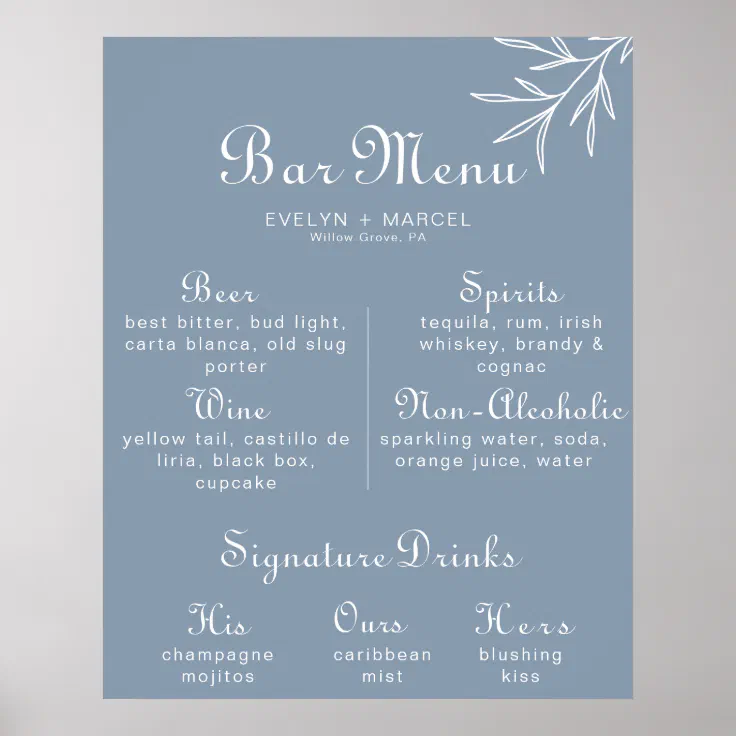 Formal Minimal Dusty Blue Wedding Bar Menu Poster | Zazzle