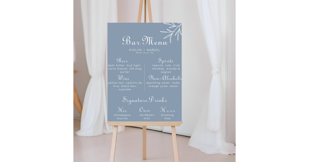 Formal Minimal Dusty Blue Wedding Bar Menu Poster | Zazzle