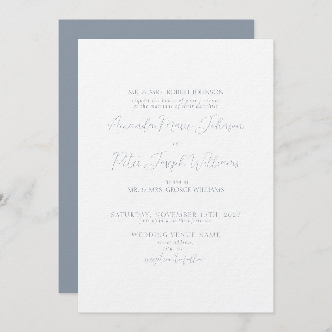 Formal Modern Calligraphy Dusty Blue Wedding Invitation | Zazzle