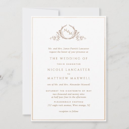 Formal Monogram Beige Cream Watercolor Wedding Invitation | Zazzle