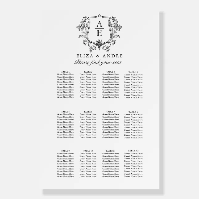 Formal Monogram Crest Custom Wedding Seating Chart Foam Board | Zazzle