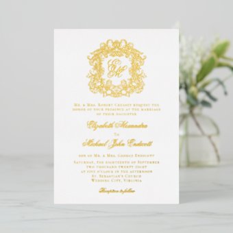 Formal Monogram Crest Elegant Wedding All Gold Foil Invitation | Zazzle