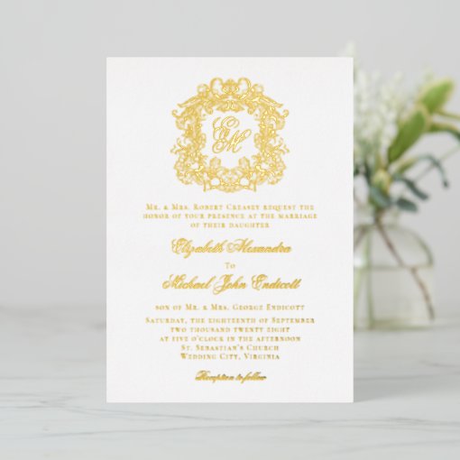 Formal Monogram Crest Elegant Wedding All Gold Foil Invitation | Zazzle