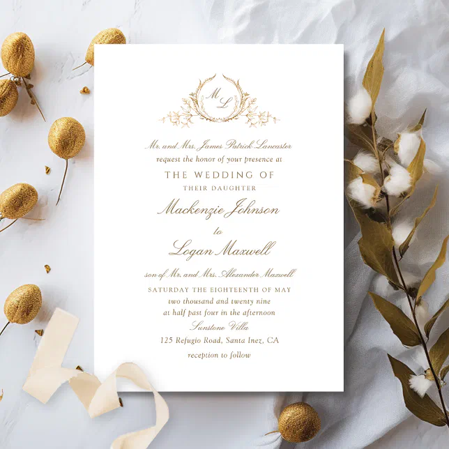 Formal Monogram White and Gold Elegant Wedding Invitation | Zazzle