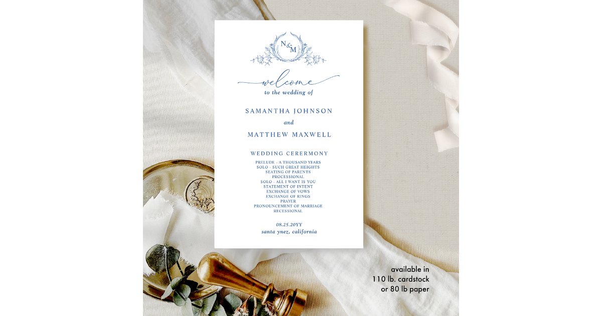 Formal Monogrammed Blue Wedding Program | Zazzle