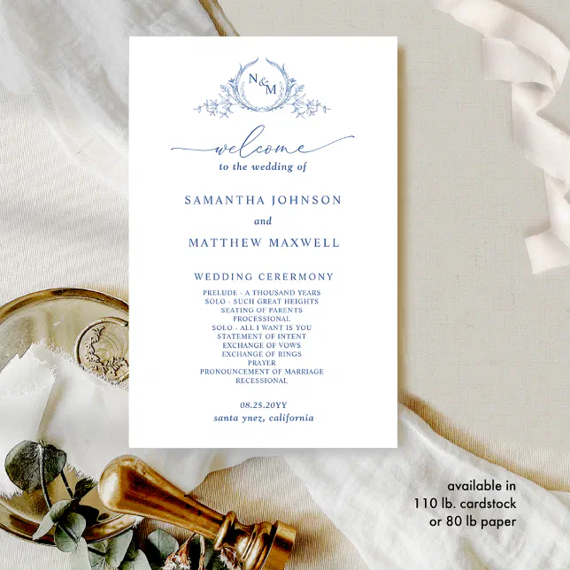 Formal Monogrammed Blue Wedding Program | Zazzle