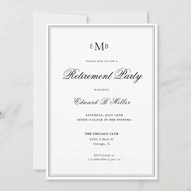 Formal Monogrammed Retirement Party Invitation | Zazzle