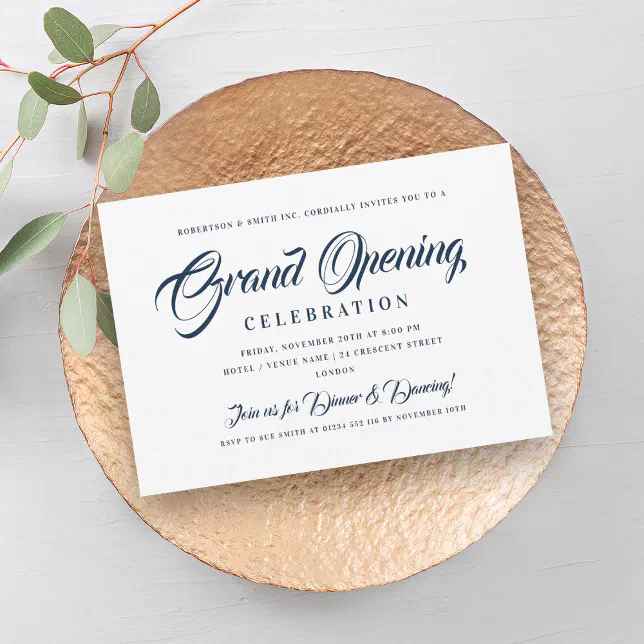 Formal Navy Corporate Grand Opening White Invitation | Zazzle