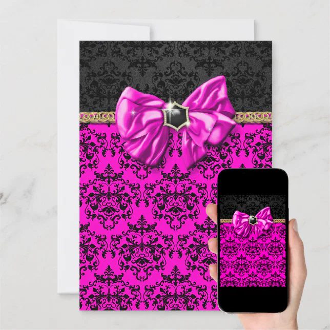 Formal pink black gold damask party invitation | Zazzle