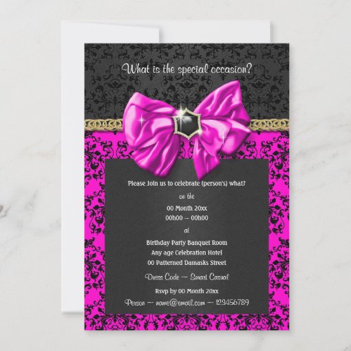 Formal pink black gold damask party invitation | Zazzle