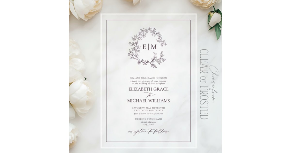 Formal Plum Purple Leafy Crest Monogram Wedding Acrylic Invitations ...