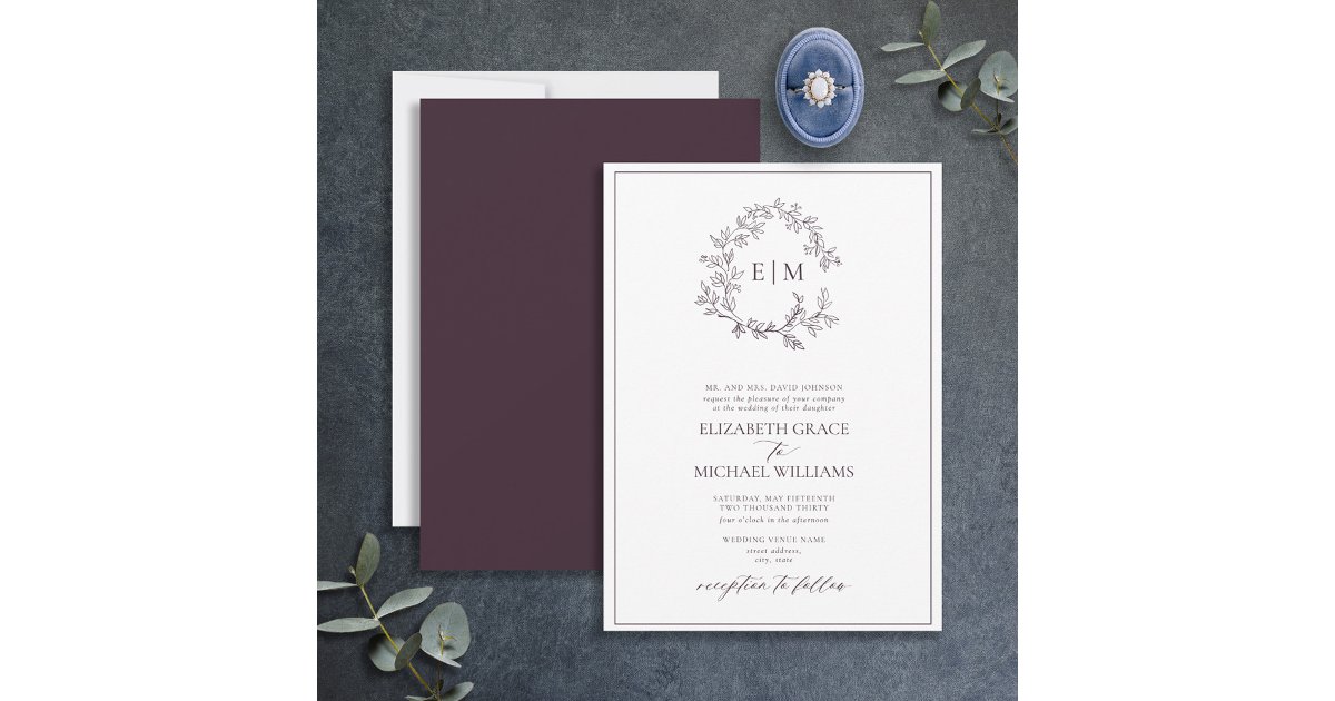 Formal Plum Purple Leafy Crest Monogram Wedding Invitation | Zazzle