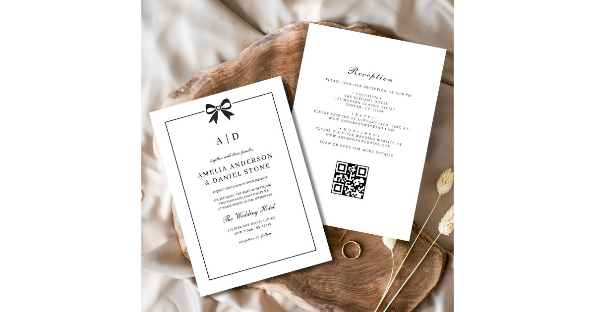 Formal QR Code Black & White Bow Monogram Invitation | Zazzle