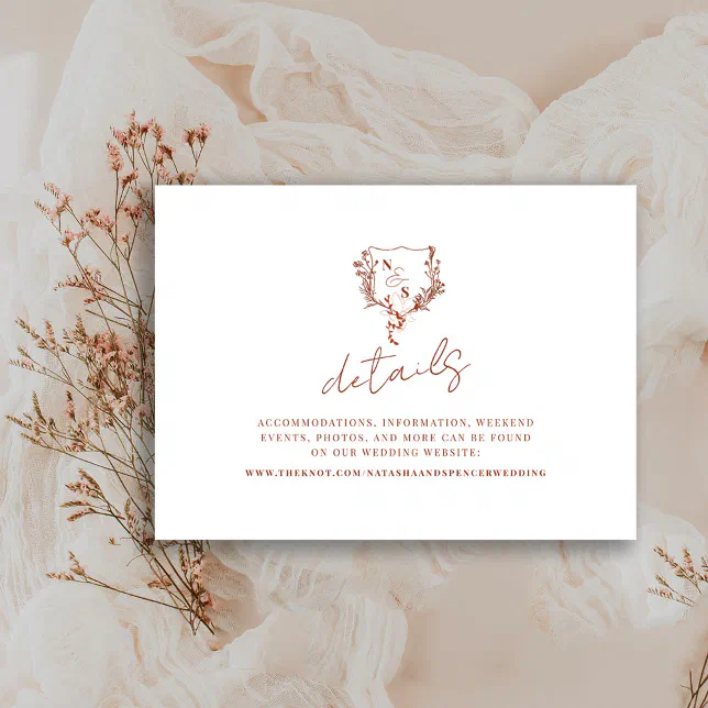Formal Rust Floral Crest Monogram Wedding Details Enclosure Card | Zazzle