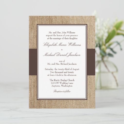 Formal Rustic Burlap Brown Wedding Invitations | Zazzle