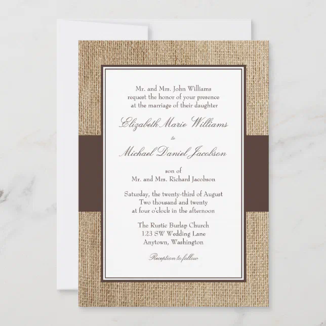 Formal Rustic Burlap Brown Wedding Invitations | Zazzle