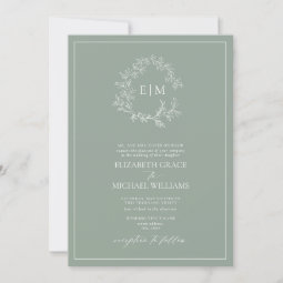 Formal Sage Green Leafy Crest Monogram Wedding Inv Invitation | Zazzle