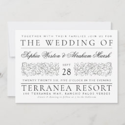 Formal Scrolling Leaves Black and White Wedding Invitation | Zazzle