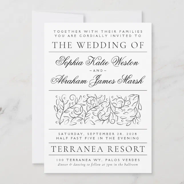 Formal Scrolling Leaves Black and White Wedding Invitation | Zazzle