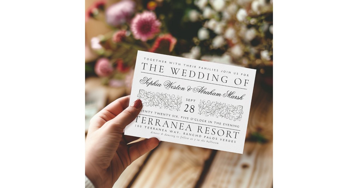 Formal Scrolling Leaves Black and White Wedding Invitation | Zazzle