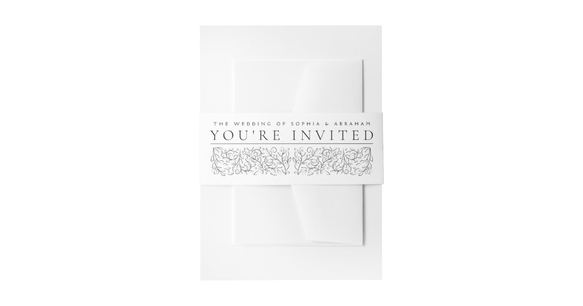 Formal Scrolling Leaves Black and White Wedding Invitation Belly Band ...
