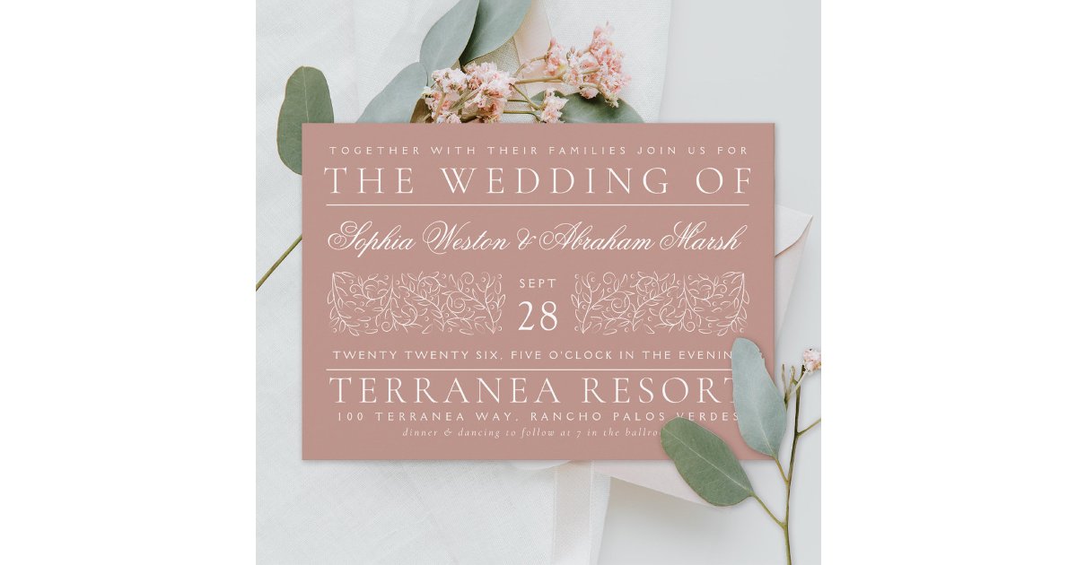 Formal Scrolling Leaves Dusty Rose Wedding Invitation | Zazzle