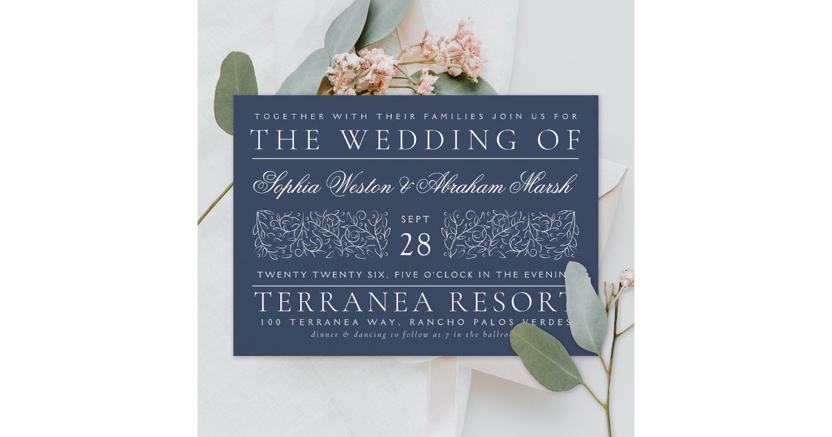 Formal Scrolling Leaves Navy Blue Wedding Invitation | Zazzle
