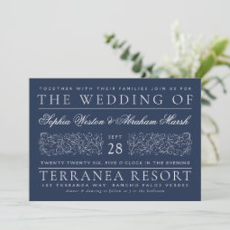 Formal Scrolling Leaves Navy Blue Wedding Invitation | Zazzle