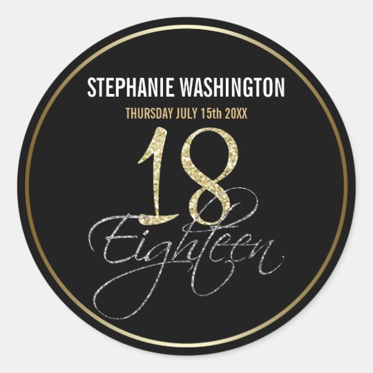Formal Silver, Black & Gold 18th Birthday Party Classic Round Sticker ...