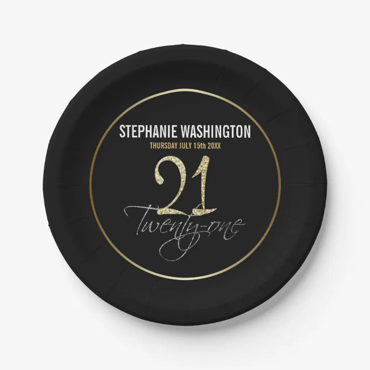 Formal Silver, Black & Gold 21st Birthday Paper Plates | Zazzle