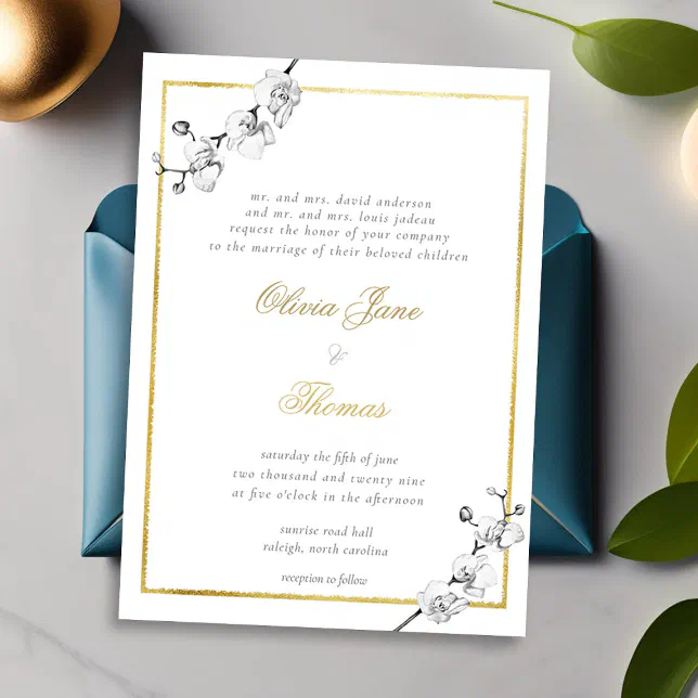 Formal Traditional Gold Frame Simple Art Wedding Invitation | Zazzle
