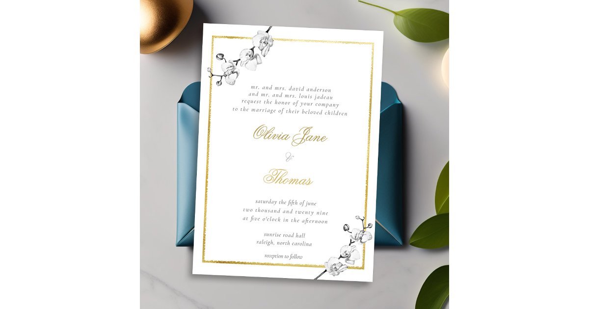 Formal Traditional Gold Frame Simple Art Wedding Invitation | Zazzle