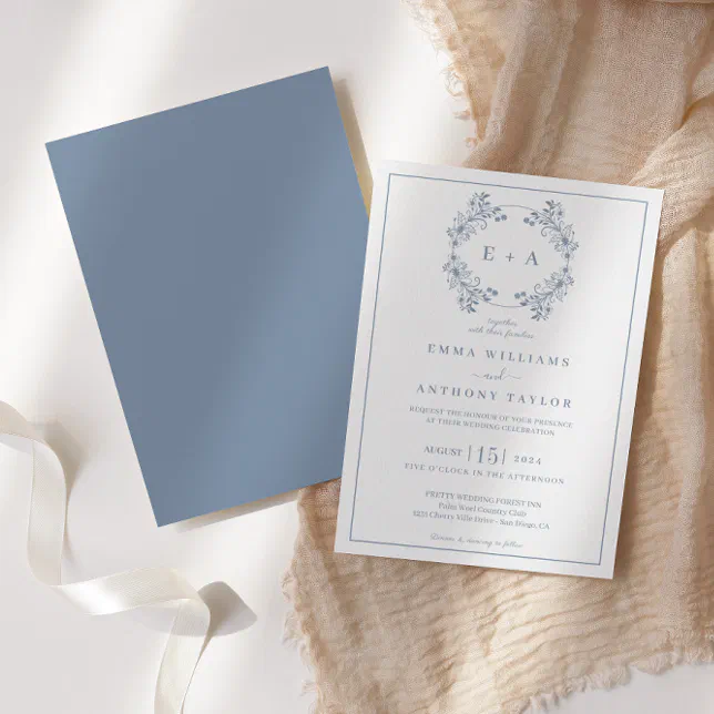 Formal Vintage Periwinkle Monogram Wedding Invitation | Zazzle