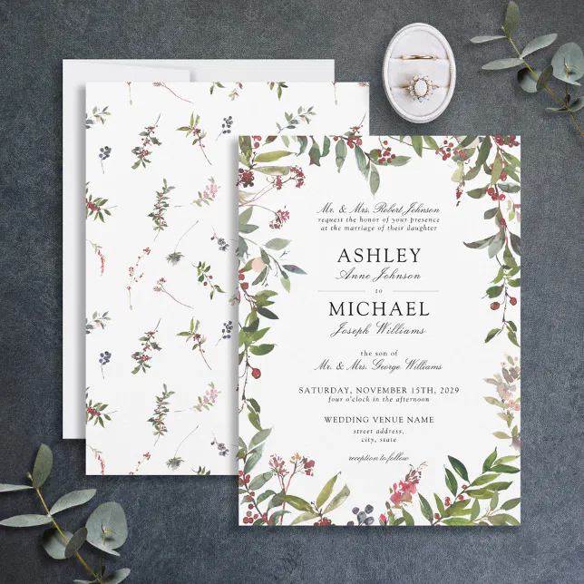 Formal Winter Wildflower Berry Wedding Invitation | Zazzle