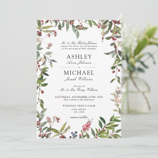 Formal Winter Wildflower Berry Wedding Invitation | Zazzle