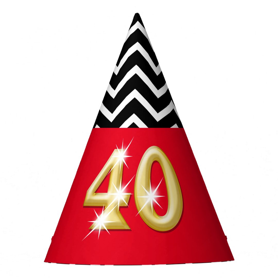 Fortieth 40th birthday red gold black white party hat | Zazzle